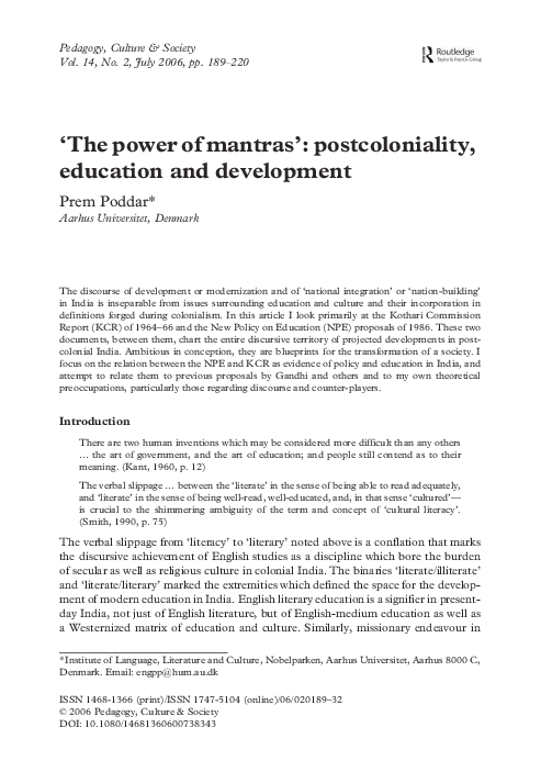 (PDF) 'The power of mantras': postcoloniality, education and development