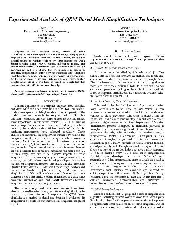(PDF) Experimental Analysis of QEM Based Mesh Simplification Techniques
