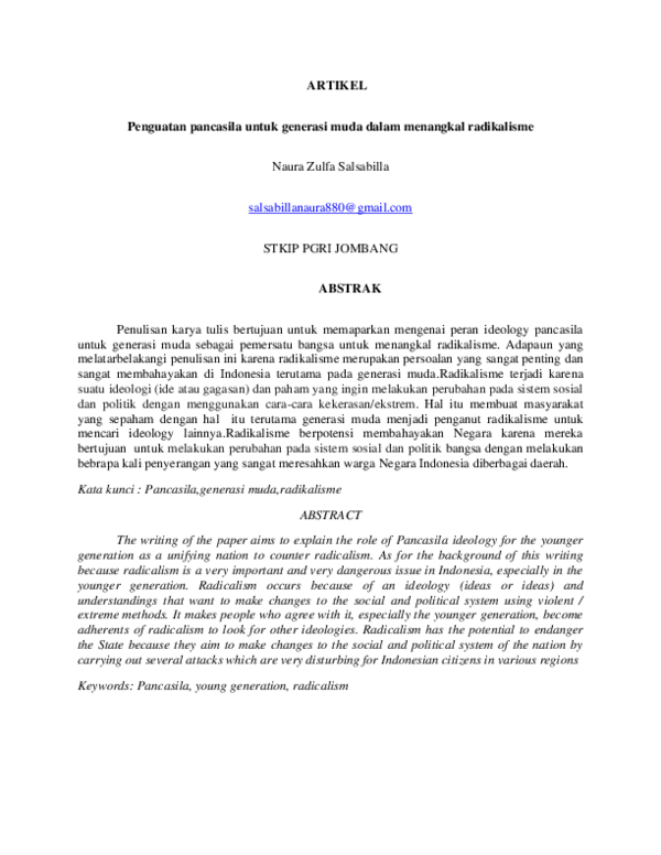 (PDF) ARTIKEL Penguatan pancasila untuk generasi muda dalam menangkal radikalisme