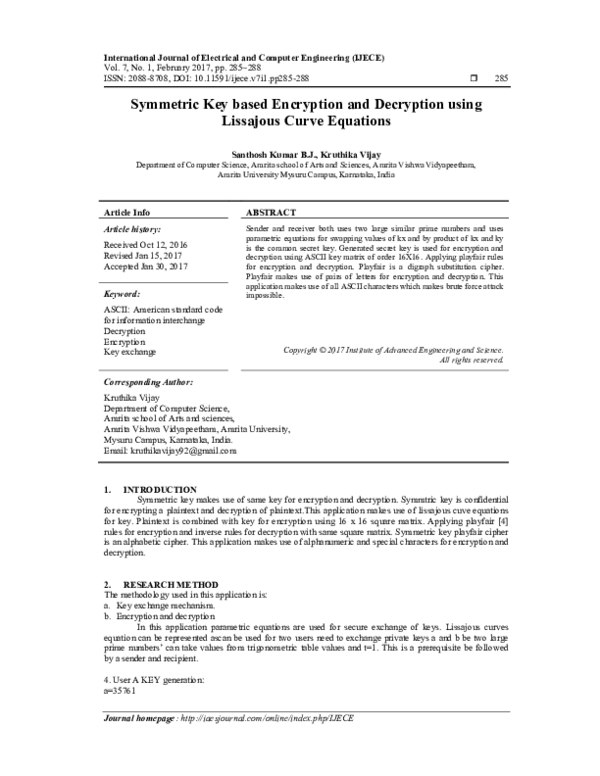 Pdf Symmetric Key Based Encryption And Decryption Using Lissajous