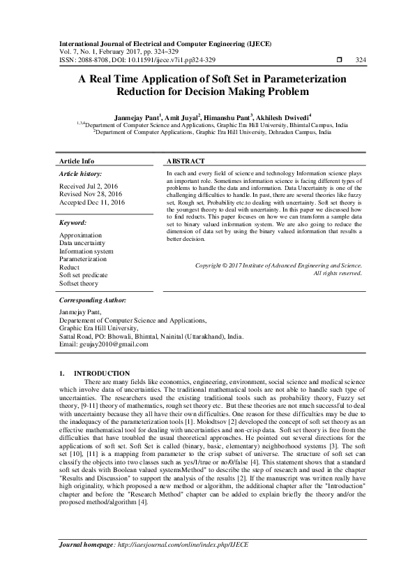 Pdf A Real Time Application Of Soft Set In Parameterization Reduction