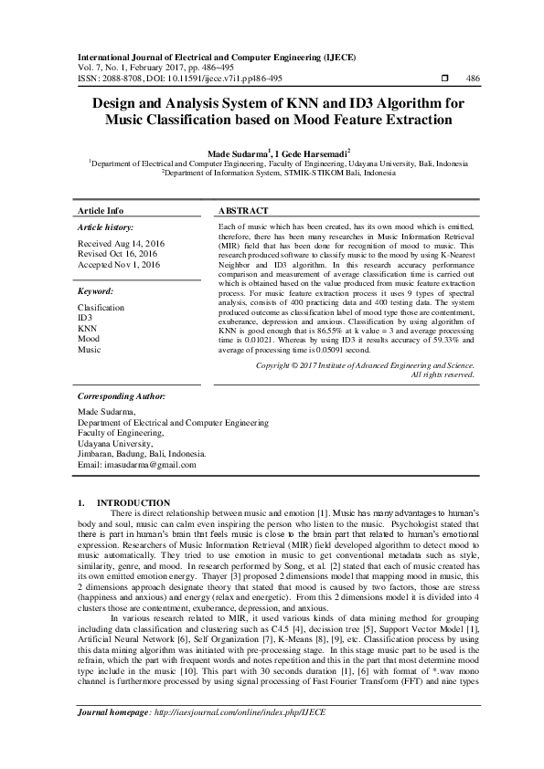 Pdf Design And Analysis System Of Knn And Id3 Algorithm For Music Classification Based On Mood