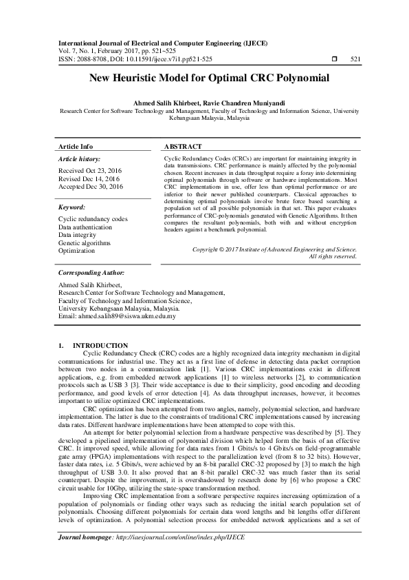 (PDF) New Heuristic Model for Optimal CRC Polynomial