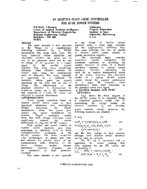 Pdf An Adaptive Fuzzy Logic Controller For Ac Dc Power Systems