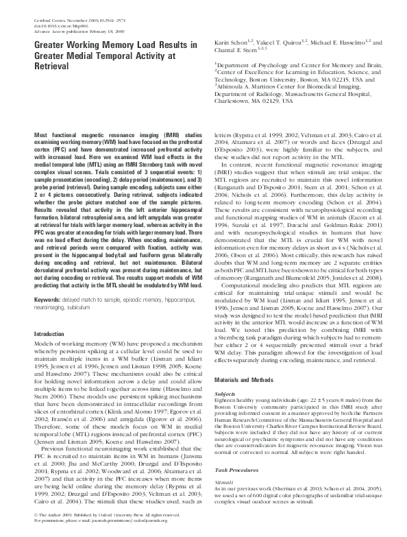 Pdf Greater Working Memory Load Results In Greater Medial Temporal Activity At Retrieval