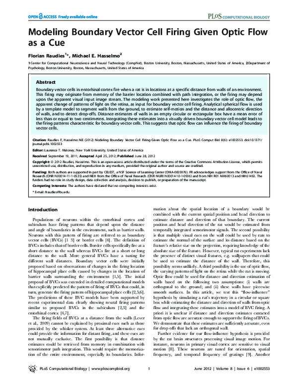 (PDF) Modeling Boundary Vector Cell Firing Given Optic Flow as a Cue
