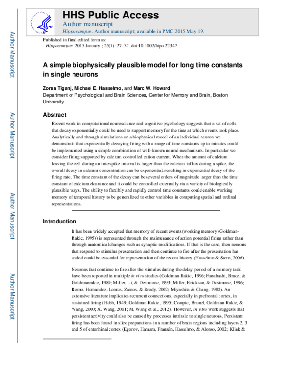 (PDF) A simple biophysically plausible model for long time constants in single neurons