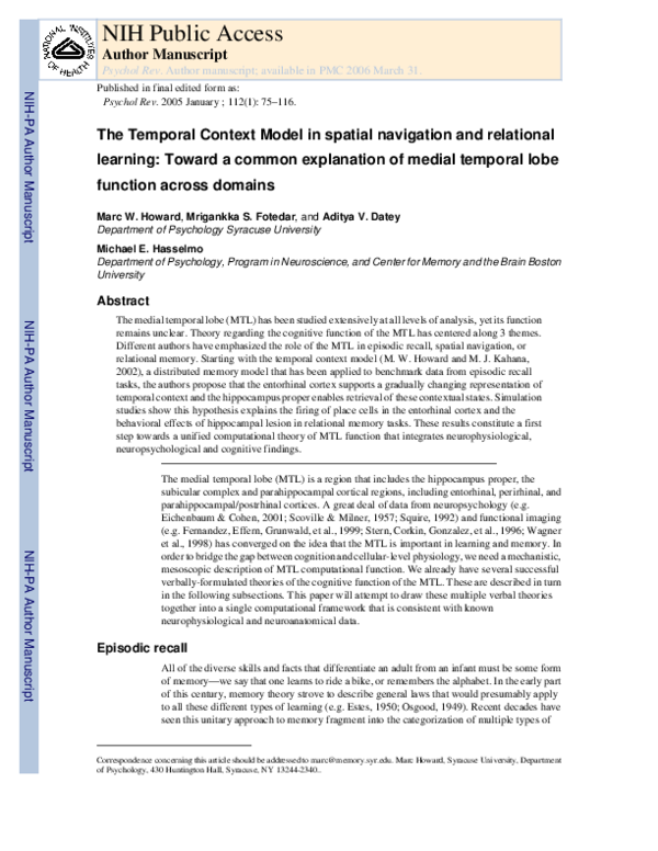 Pdf The Temporal Context Model In Spatial Navigation And Relational Learning Toward A Common
