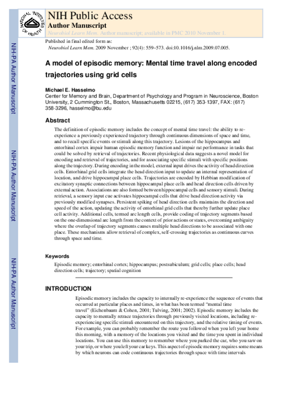 (PDF) A model of episodic memory: Mental time travel along encoded ...