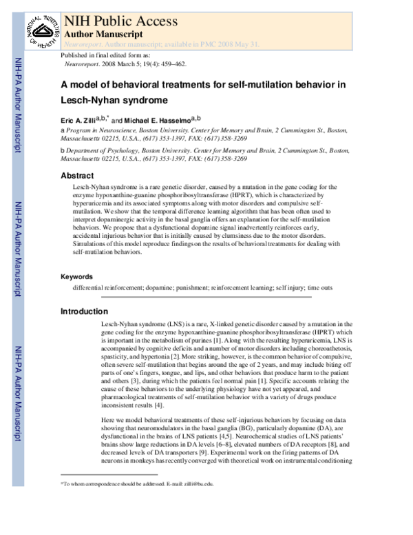(PDF) A model of behavioral treatments for self-mutilation behavior in ...