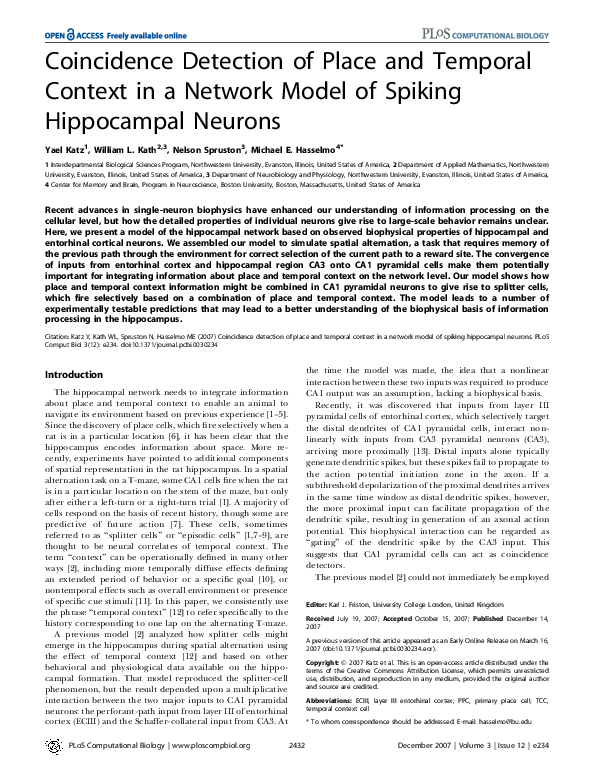 (PDF) Coincidence Detection of Place and Temporal Context in a Network Model of Spiking ...