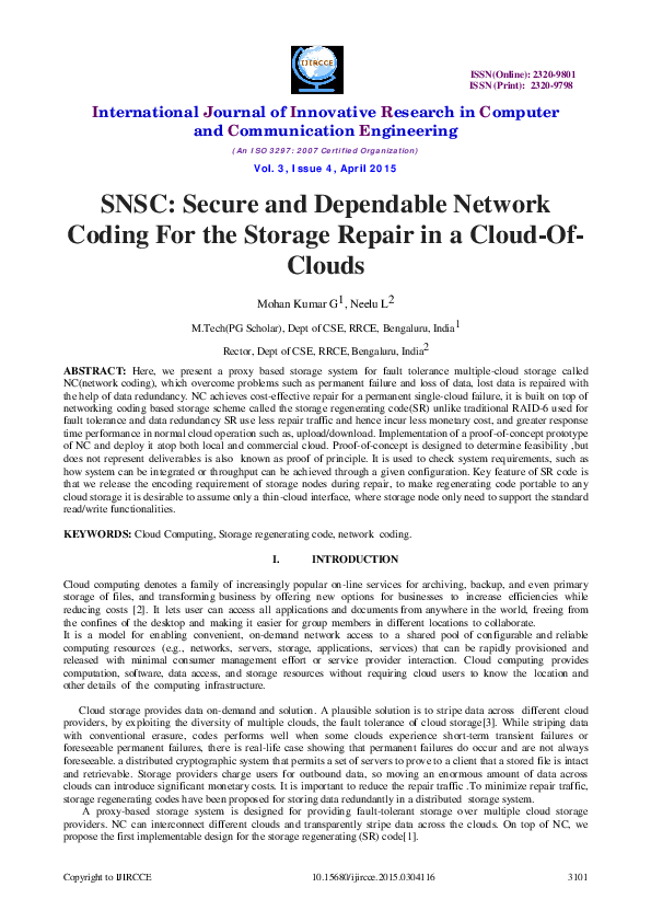 (PDF) SNSC: Secure and Dependable Network Coding For the Storage Repair in a Cloud-Of- Clouds