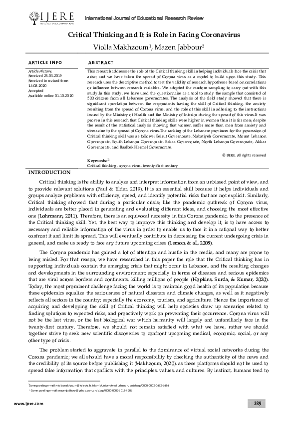 (PDF) Critical Thinking and It is Role in Facing Coronavirus AR TI CL E ...