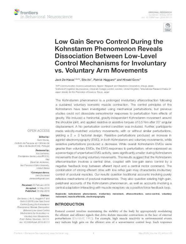 (PDF) Low Gain Servo Control During the Kohnstamm Phenomenon Reveals ...