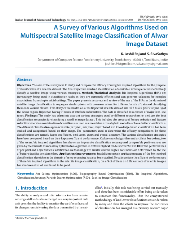 Pdf A Survey Of Various Algorithms Used On Multispectral Satellite Image Classification Of