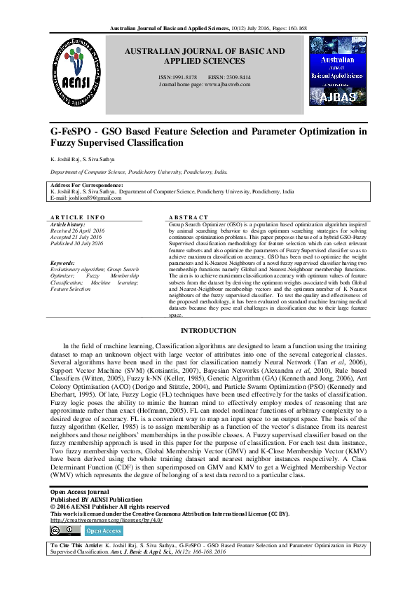 (PDF) G-FeSPO -GSO Based Feature Selection and Parameter Fuzzy Supervised Classification