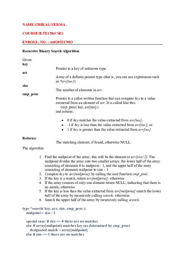 (DOC) Recursive Binary Search Algorithm