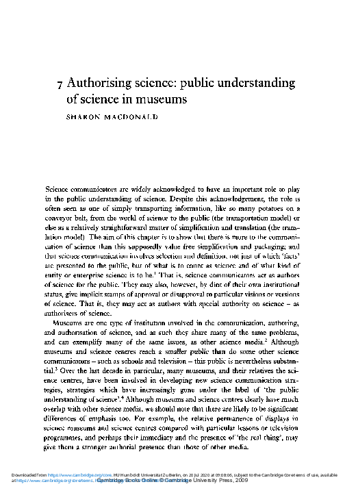 (PDF) Authorising science: public understanding of science in museums