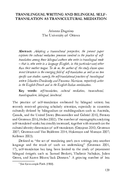 (PDF) TRANSLINGUAL WRITING AND BILINGUAL SELF- TRANSLATION AS ...