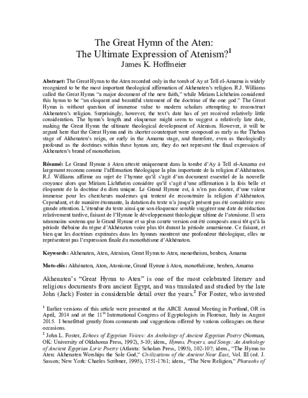 (PDF) “The Great Hymn of the Aten: The Ultimate Expression of Atenism?”