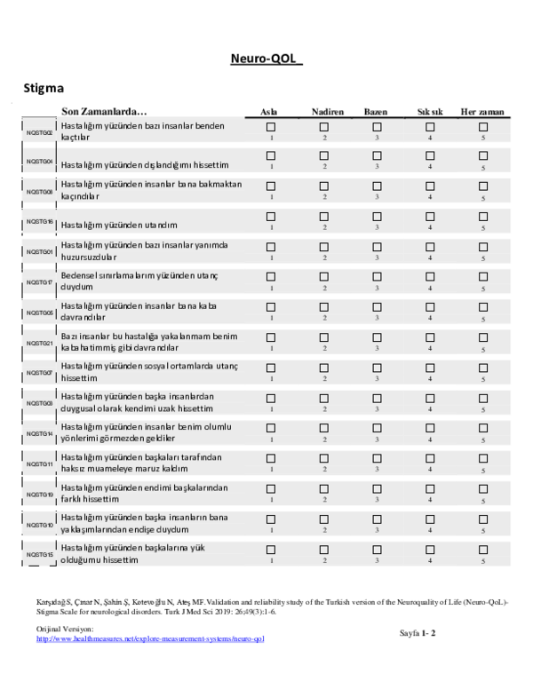 (PDF) Neuro-QoL - Stigma Ölçeği Türkçe Versiyonu