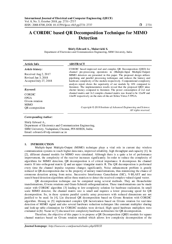Pdf A Cordic Based Qr Decomposition Technique For Mimo Detection
