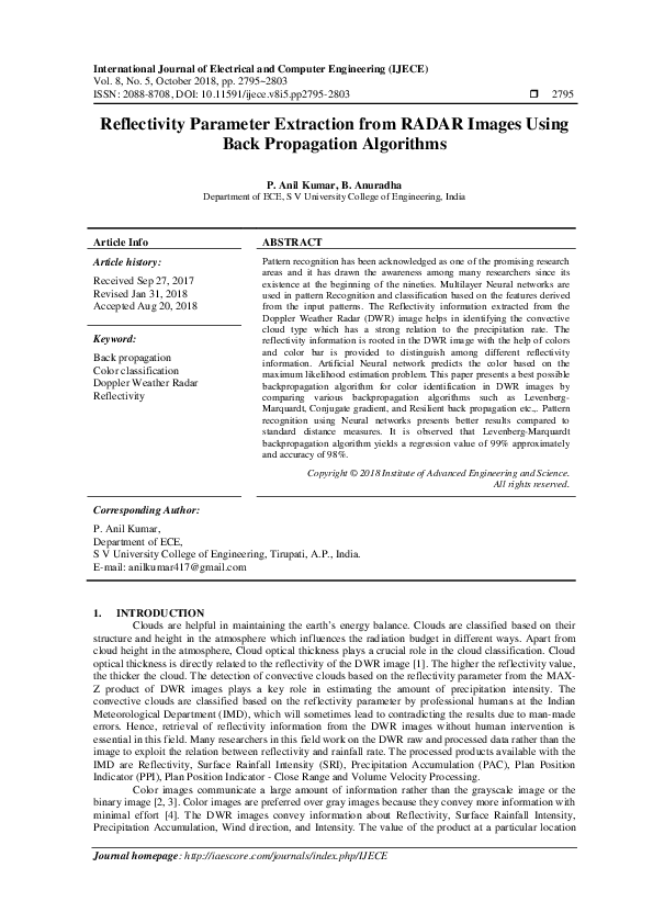 Pdf Reflectivity Parameter Extraction From Radar Images Using Back Propagation Algorithms