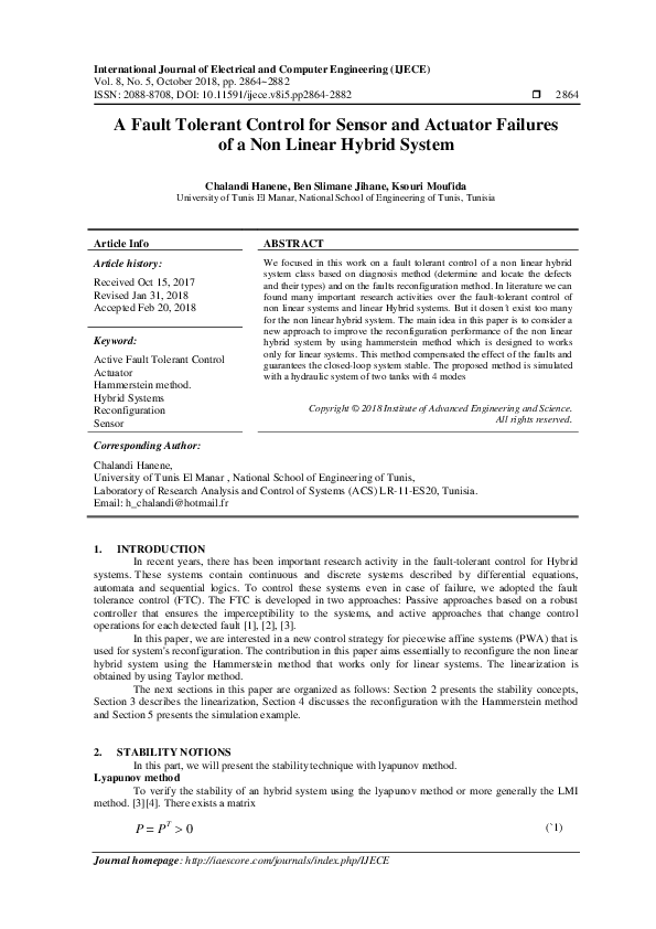 (PDF) A Fault Tolerant Control for Sensor and Actuator Failures of a Non Linear Hybrid System