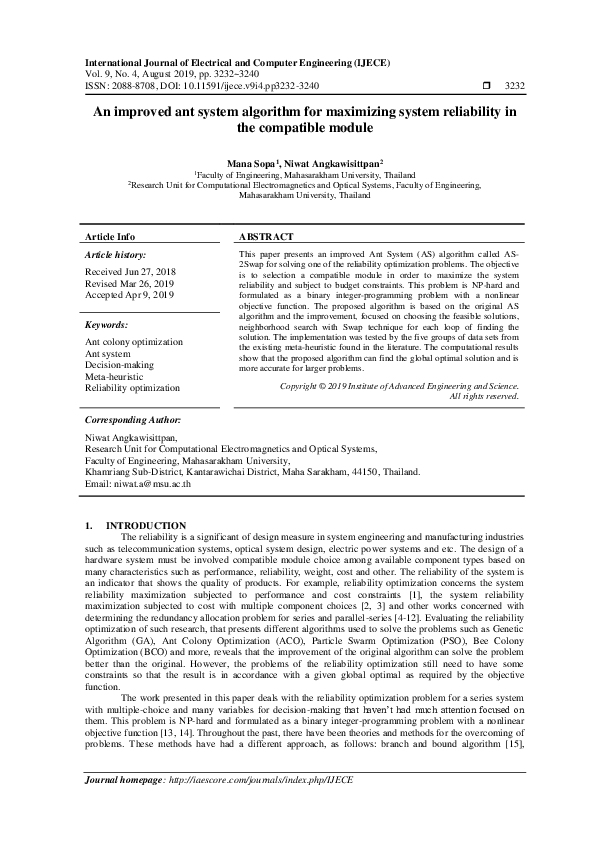 Pdf An Improved Ant System Algorithm For Maximizing System Reliability In The Compatible Module