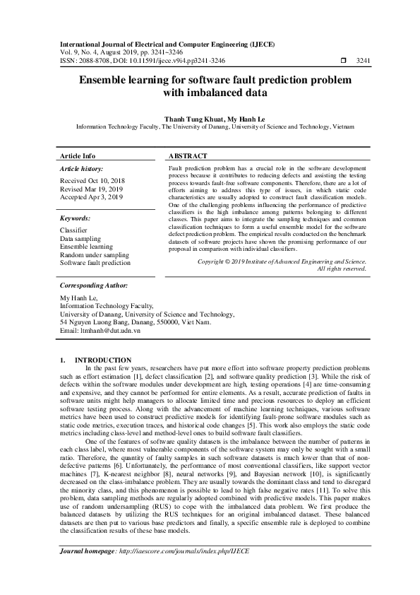 Pdf Ensemble Learning For Software Fault Prediction Problem With Imbalanced Data