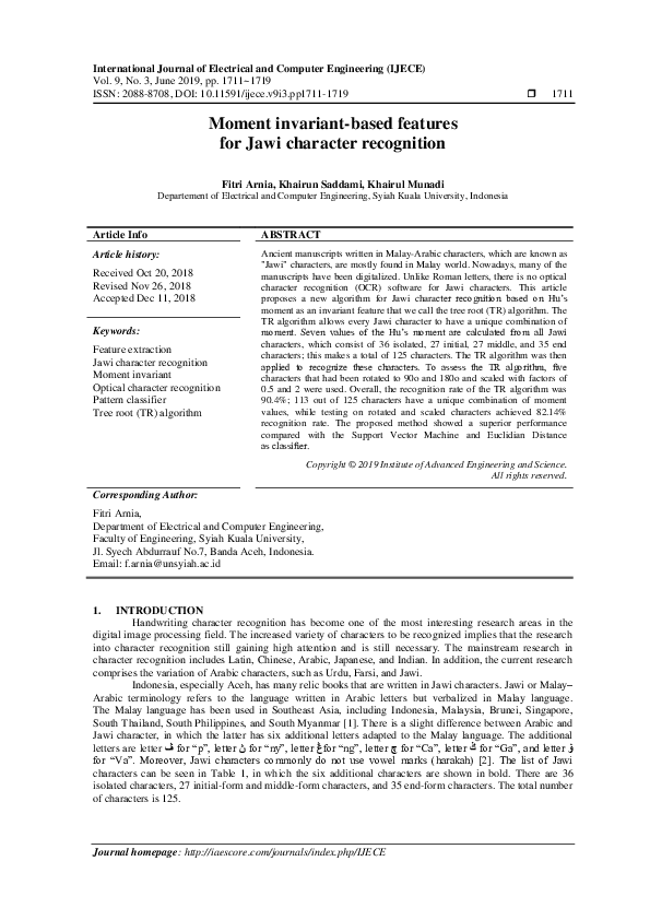 (PDF) Moment invariant-based features for Jawi character recognition