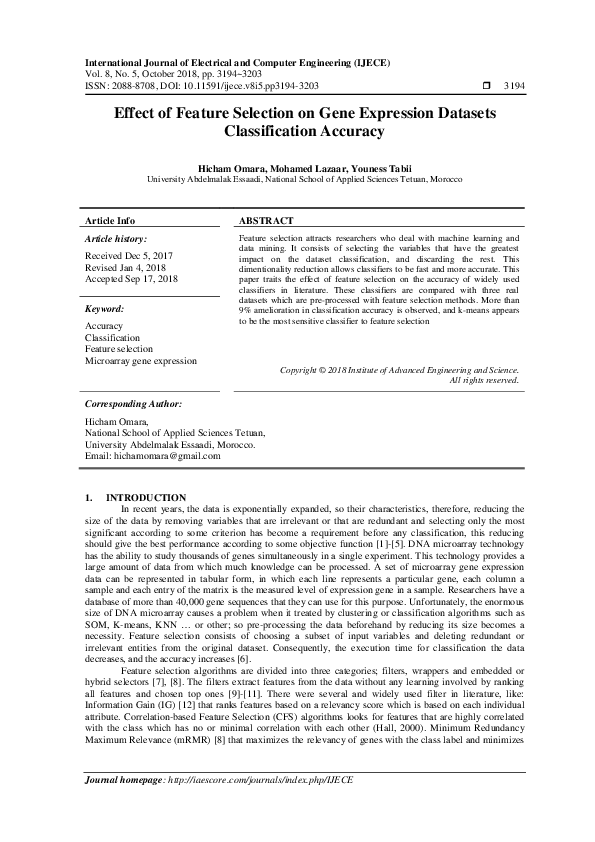 Pdf Effect Of Feature Selection On Gene Expression Datasets