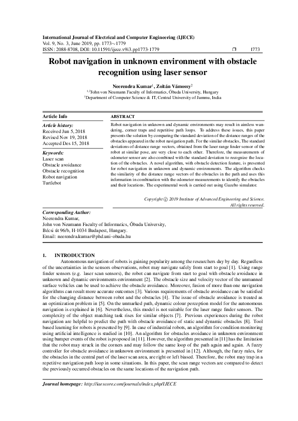 Pdf Robot Navigation In Unknown Environment With Obstacle Recognition Using Laser Sensor