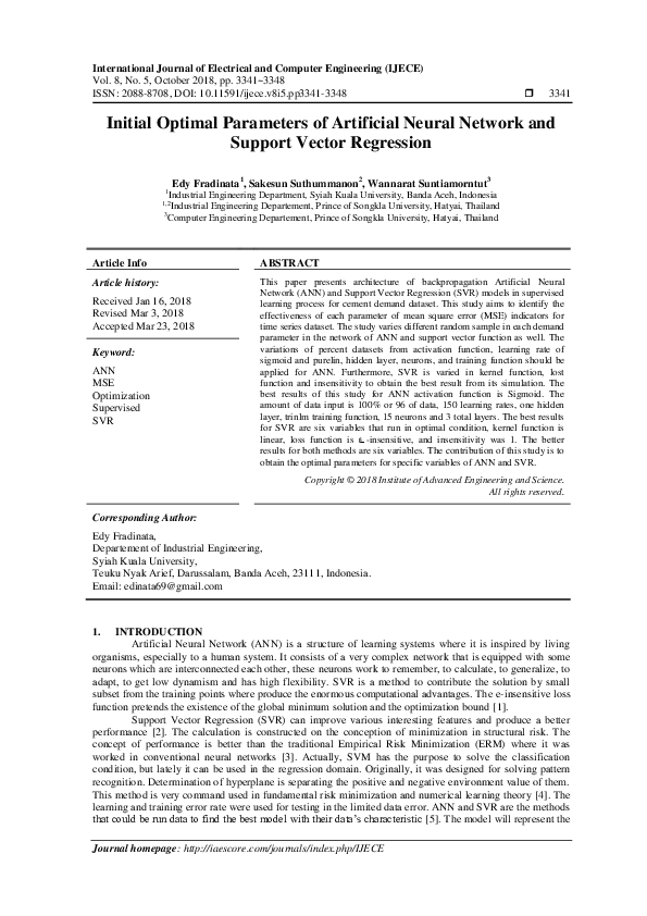 Pdf Initial Optimal Parameters Of Artificial Neural Network And Support Vector Regression
