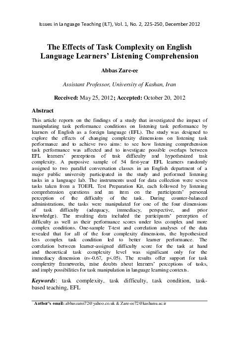 Pdf The Effects Of Task Complexity On English Language Learners