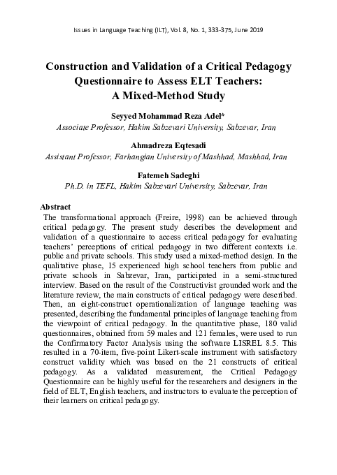 (PDF) Construction and Validation of a Critical Pedagogy Questionnaire ...