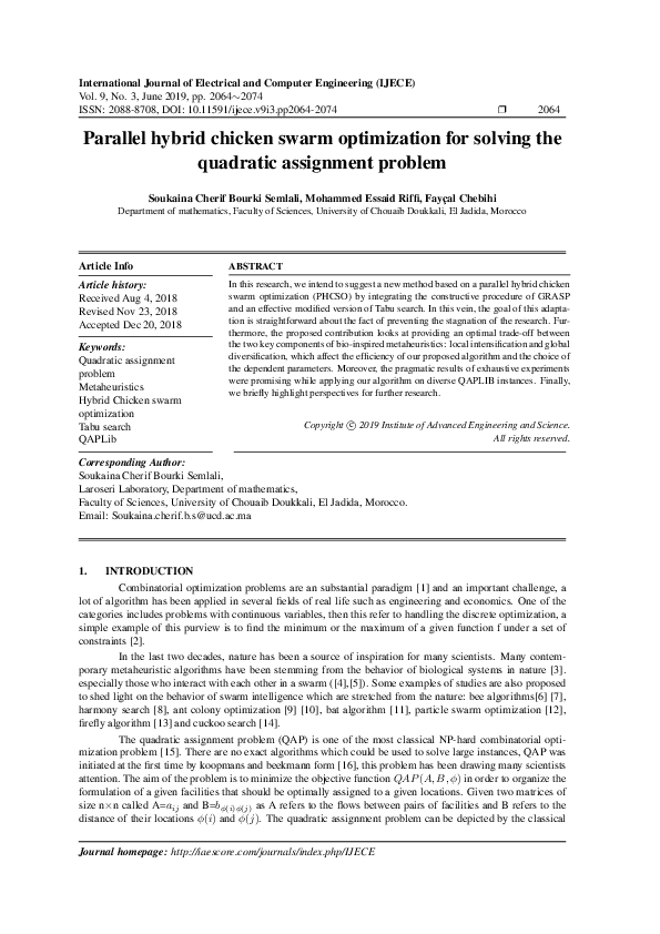 Pdf Parallel Hybrid Chicken Swarm Optimization For Solving The Quadratic Assignment Problem 8206