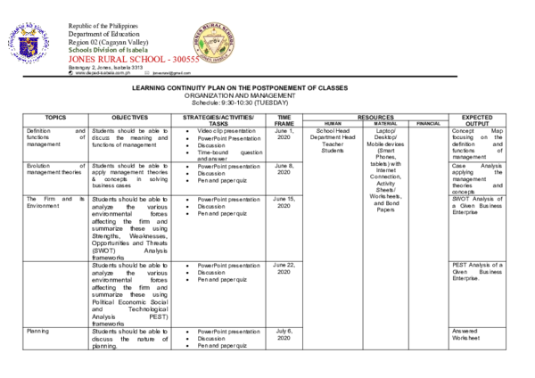 (DOC) LEARNING CONTINUITY PLAN ON THE POSTPONEMENT OF CLASSES ...