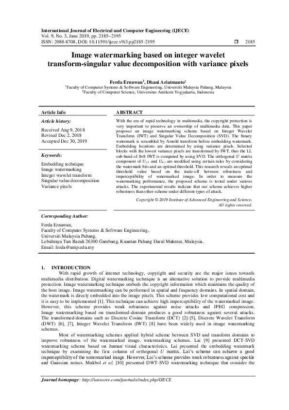 Pdf Image Watermarking Based On Integer Wavelet Transform Singular Value Decomposition With