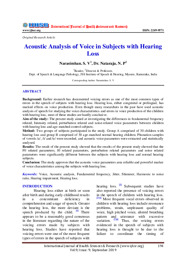 (PDF) Acoustic Analysis of Voice in Subjects with Hearing Loss