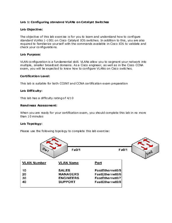 (DOC) Lab 1: Configuring standard VLANs on Catalyst Switches Lab Objective