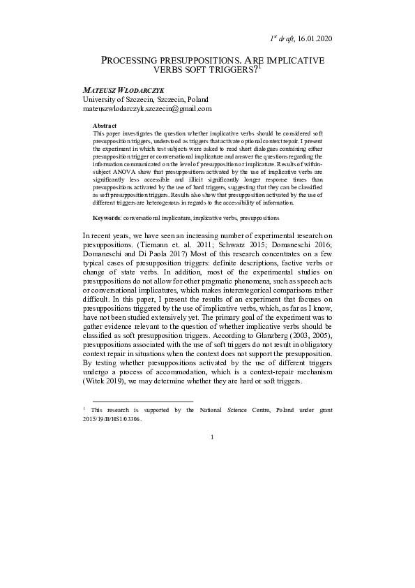 (PDF) Processing presuppositions. Are implicative verbs soft triggers ...