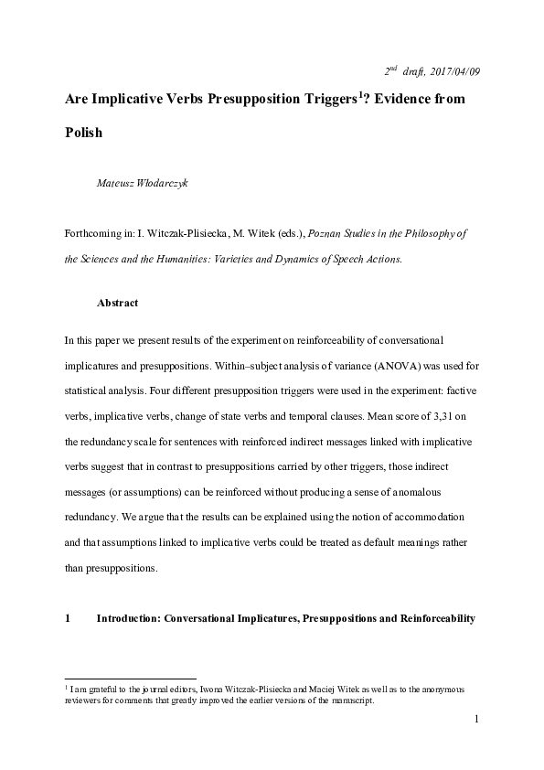 (PDF) Are implicative verbs presupposition triggers Evidence from ...