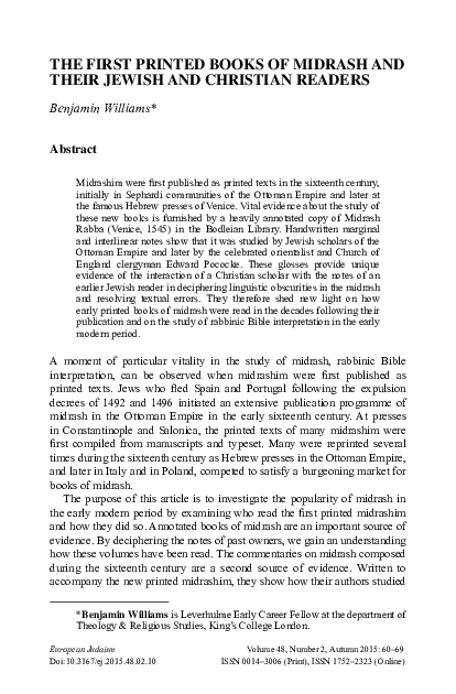 (PDF) The First Printed Books of Midrash and their Jewish and Christian ...