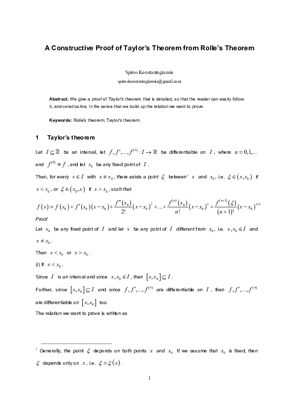 (PDF) A Constructive Proof of Taylor's Theorem from Rolle's Theorem (PDF) A Constructive Proof of Taylor's Theorem from Rolle's Theorem