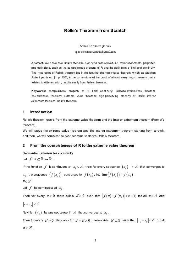 (PDF) Rolle's Theorem from Scratch