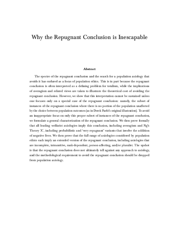 (PDF) Why the Repugnant Conclusion is Inescapable
