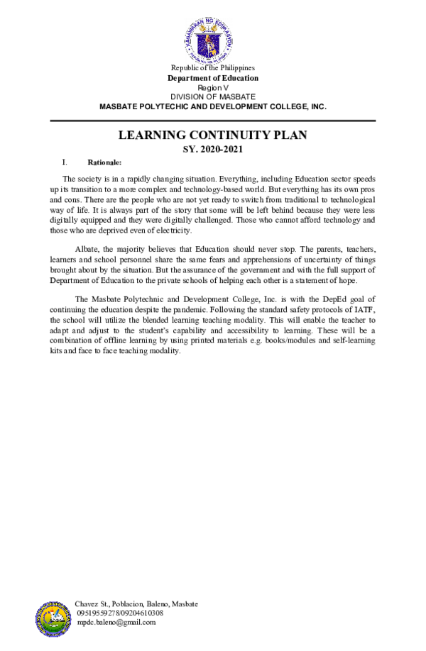 (DOC) LEARNING CONTINUITY PLAN