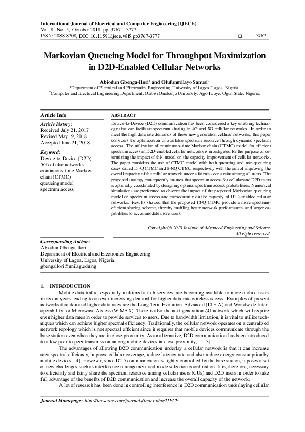 Pdf Markovian Queueing Model For Throughput Maximization In D2d Enabled Cellular Networks