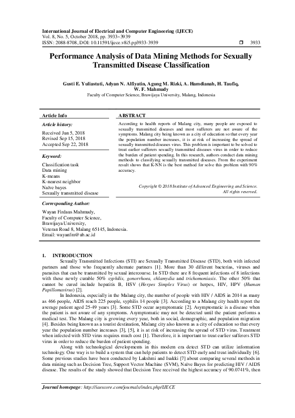 Pdf Performance Analysis Of Data Mining Methods For Sexually Transmitted Disease Classification